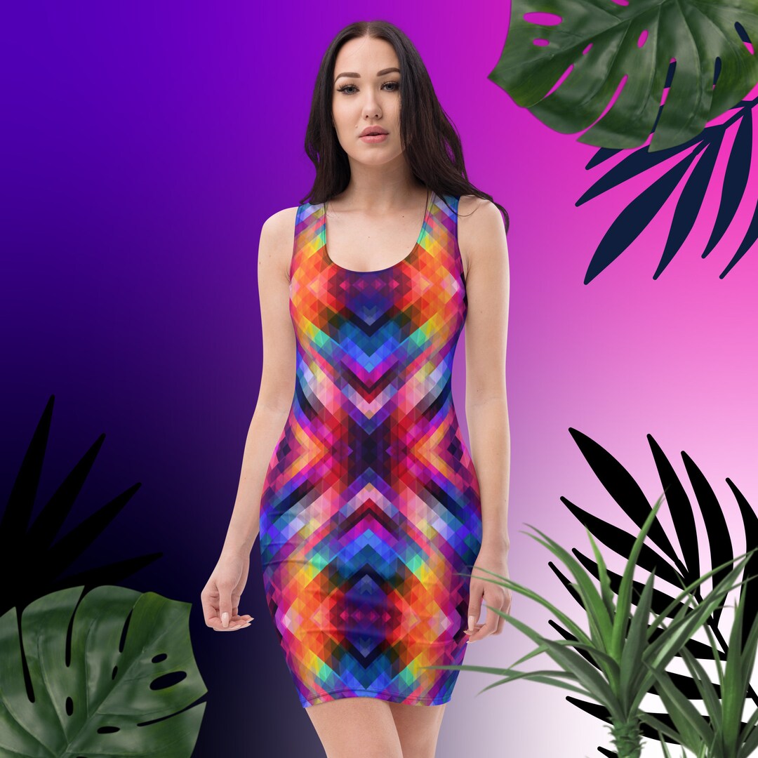 Neon Party Dress Bodycon Colorful Mosaic Mini Dresses Sleeveless Fitted ...