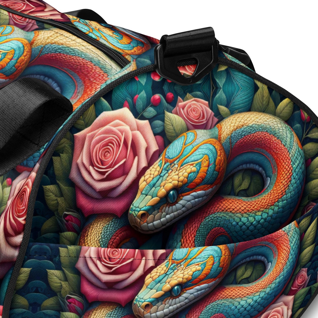 Snake Duffel Bag Pink Roses Travel Satchel Reptile Serpent Large Gym ...