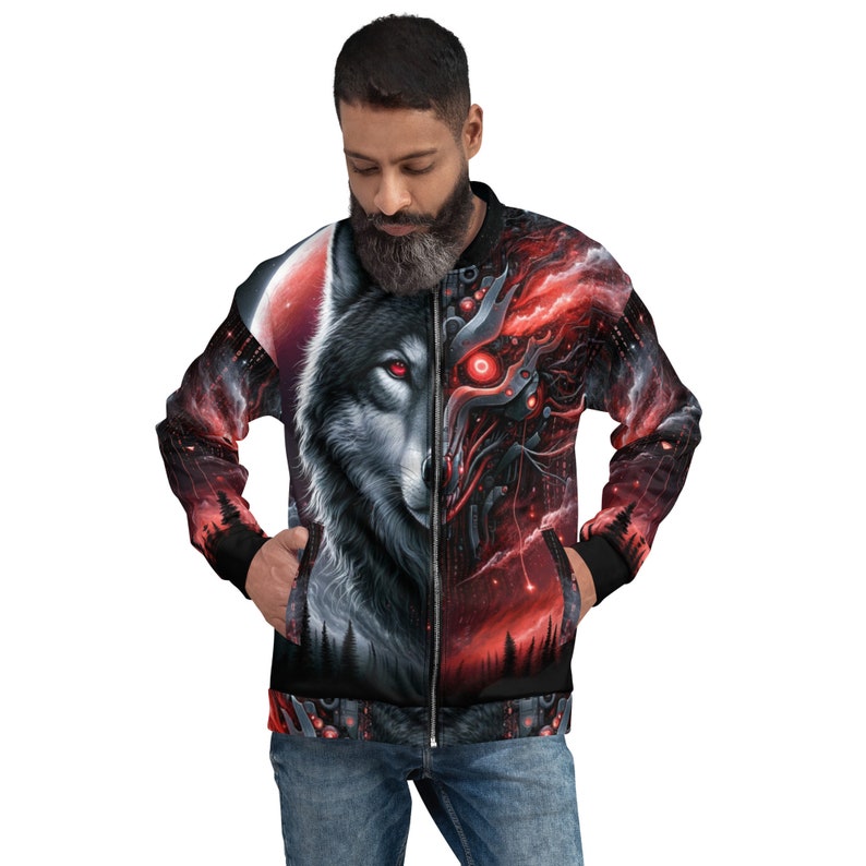 Red Wolf Men's Jacket, Cyber Sci-fi Wolves Bomber Jackets, Robot Dog ...
