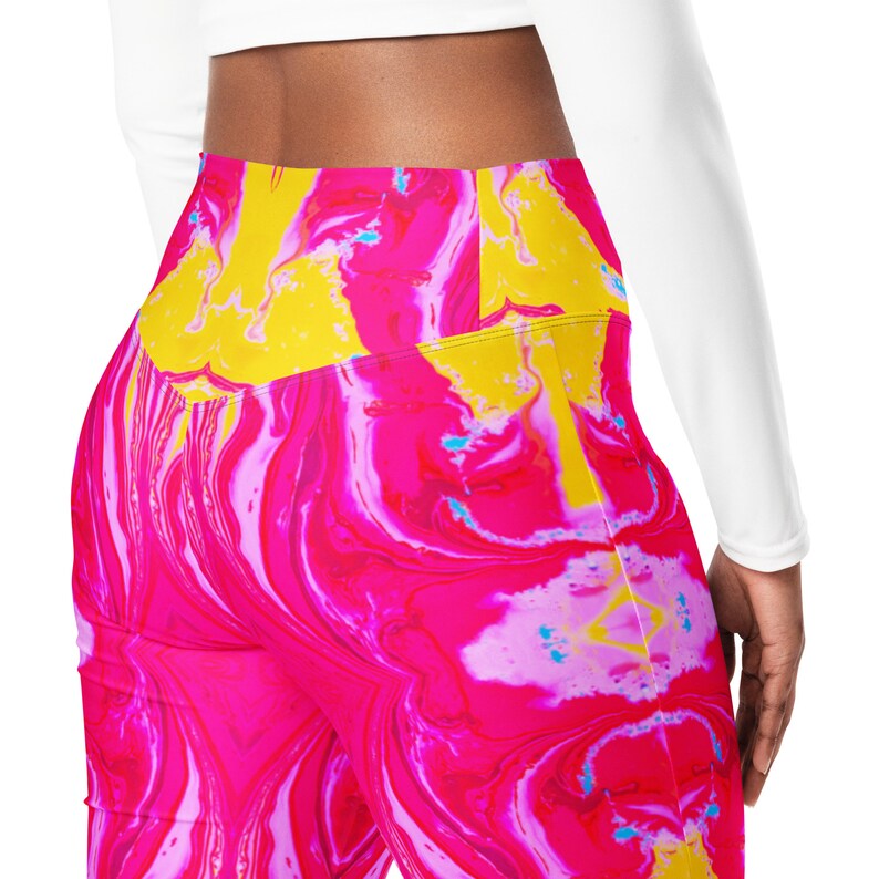 Neon Pink Leggings Yoga Pants Flare Bell Bottoms Yellow Stretchy Wide ...
