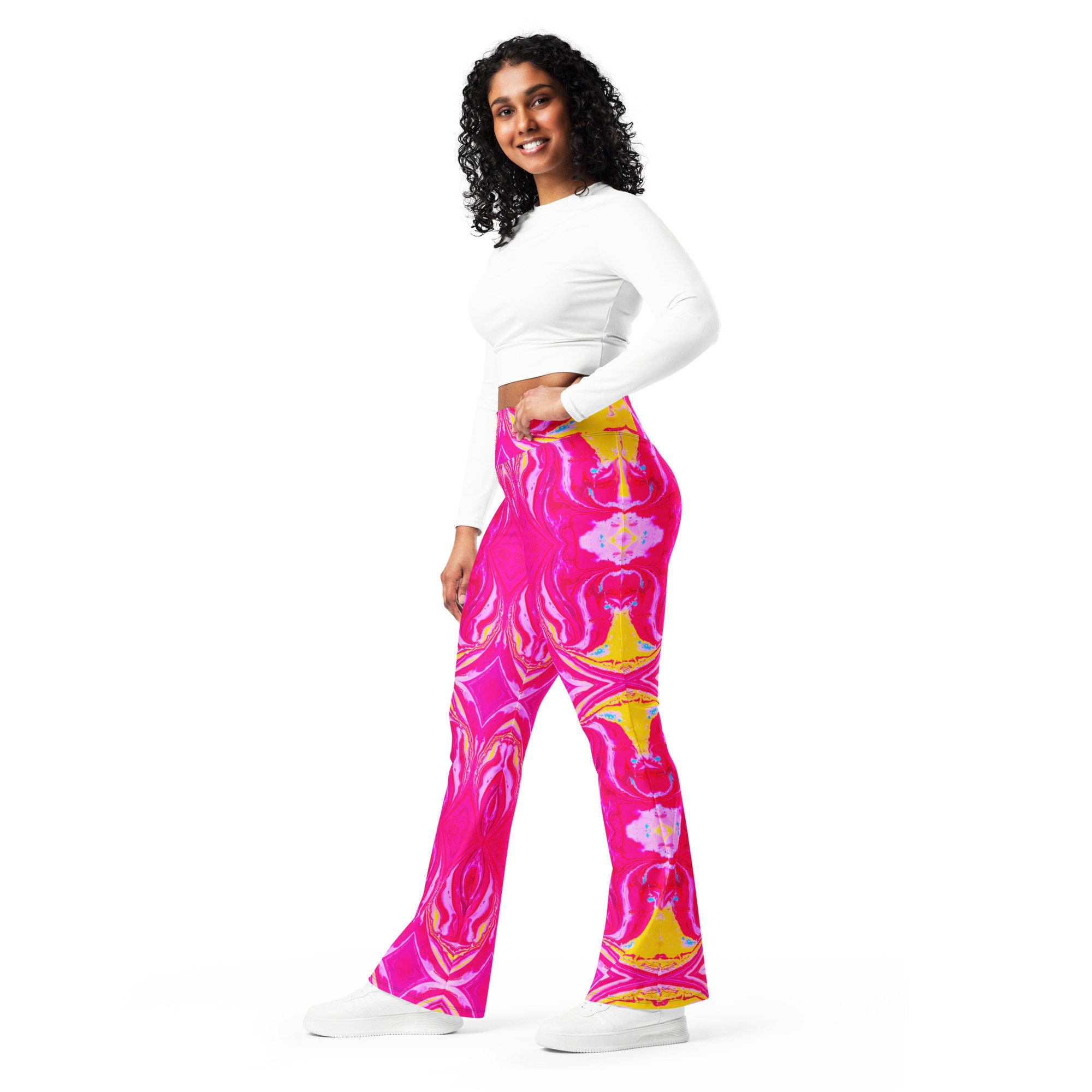 Neon Pink Leggings Yoga Pants Flare Bell Bottoms Yellow Stretchy Wide ...