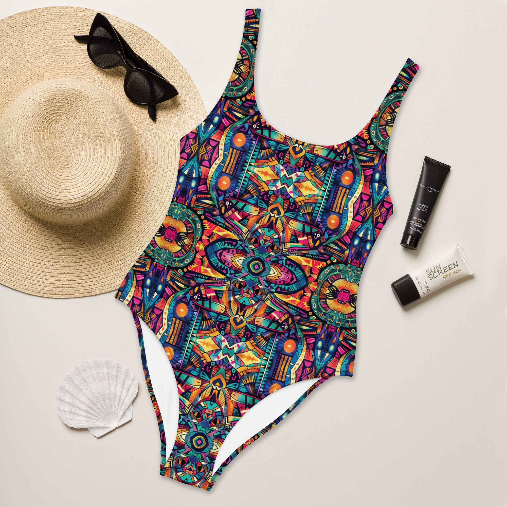 Tribal Swimsuit Abstract Swimwear Cheeky Bathing Suit Women's One Piece ...