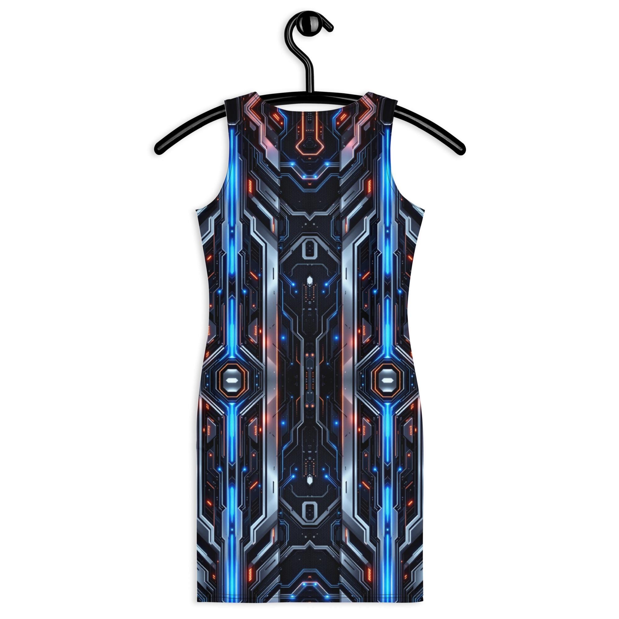 Metallic Tron Dress Silver Techno Bodycon Neon Blue Clubwear Bold ...