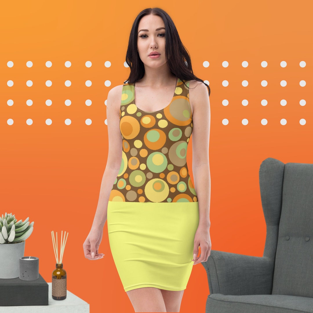 Retro Yellow Bodycon Dress Groovy Design Outfit Womens Etsy
