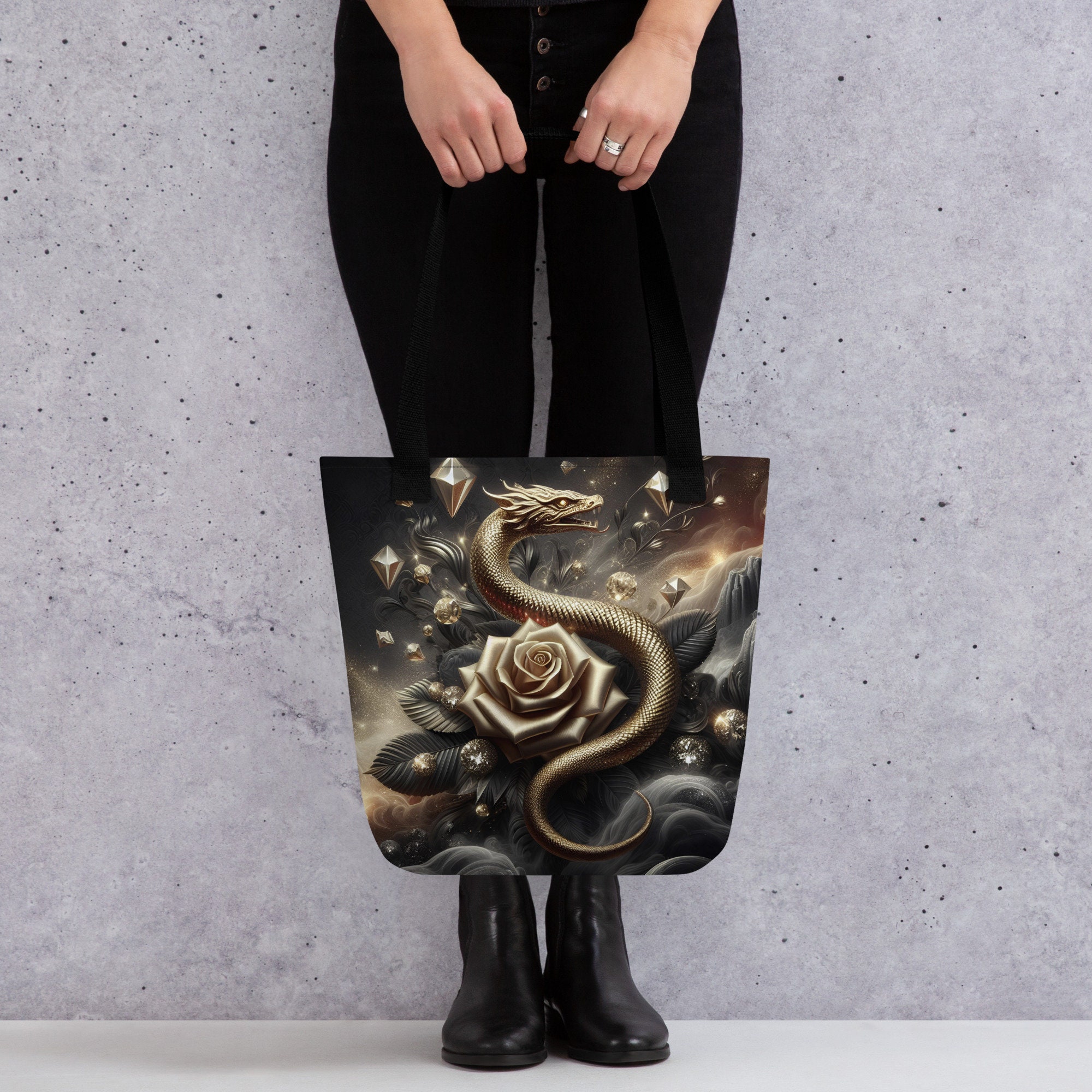 Snake Diamond Tote Bag Gold Rose Handbag Jeweled Reptile Design Purse ...