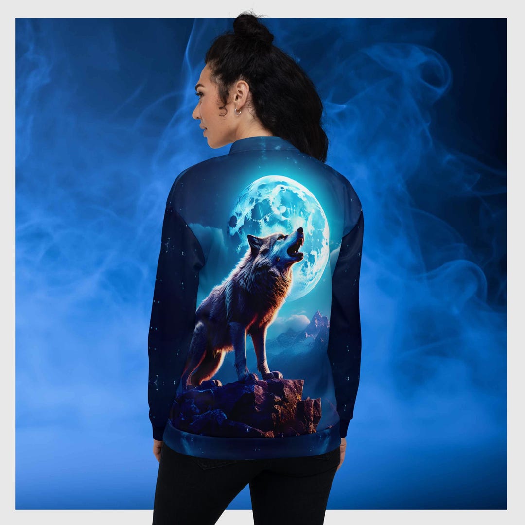 Women's Wolf Jacket Blue Howl Coat Glow Moon Bomber Jackets Unique ...