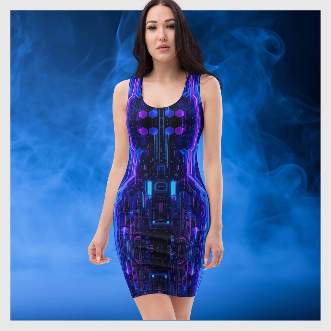 Techno Purple Dress Neon Circuitry Bodycon Electric Blue Festival ...