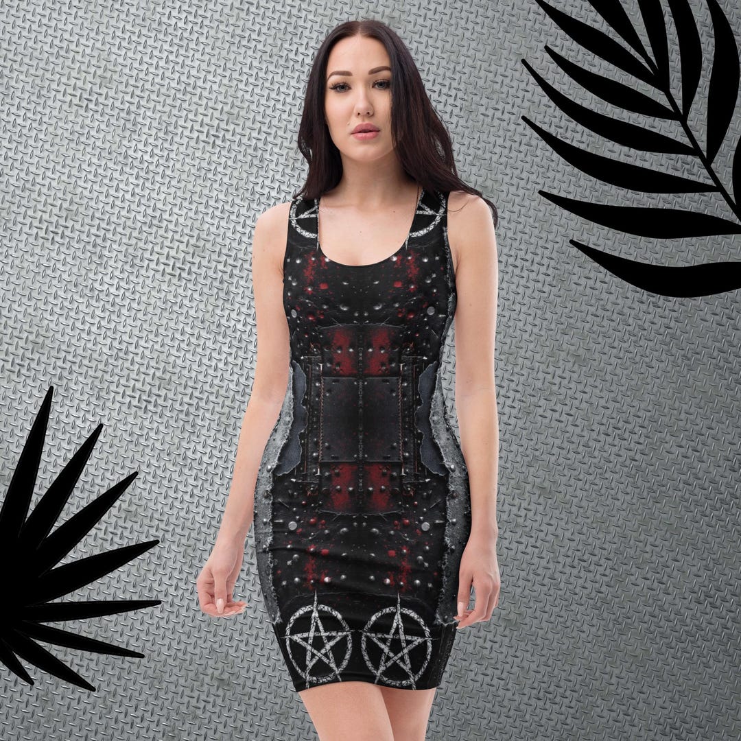Punk Rock Bodycon Pentagram Gothic Dress Black Crimson Studded Clubwear ...