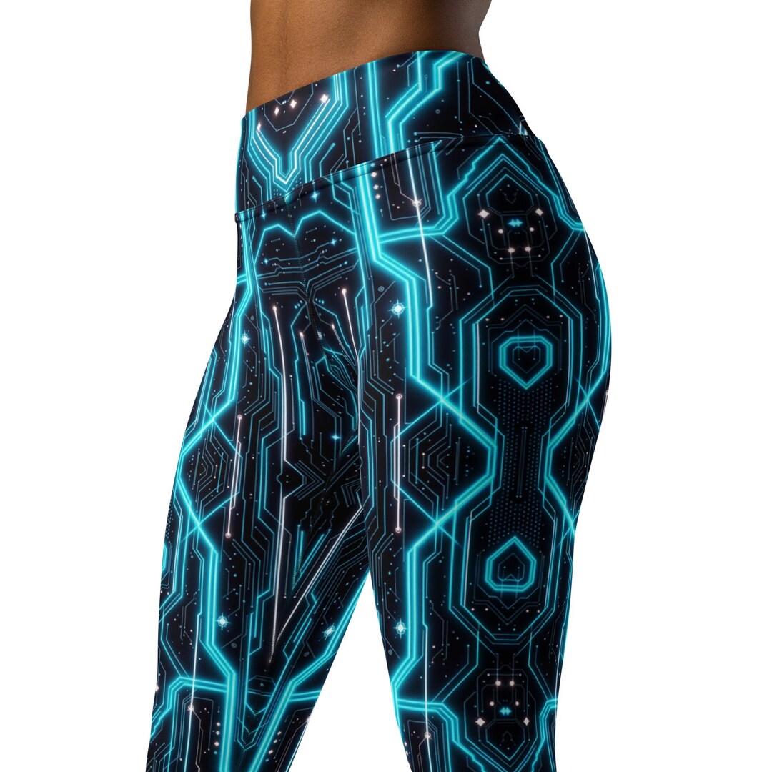 Neon Cyan Leggings Cyberpunk Pants Bold Techno Trousers High Waist Yoga ...