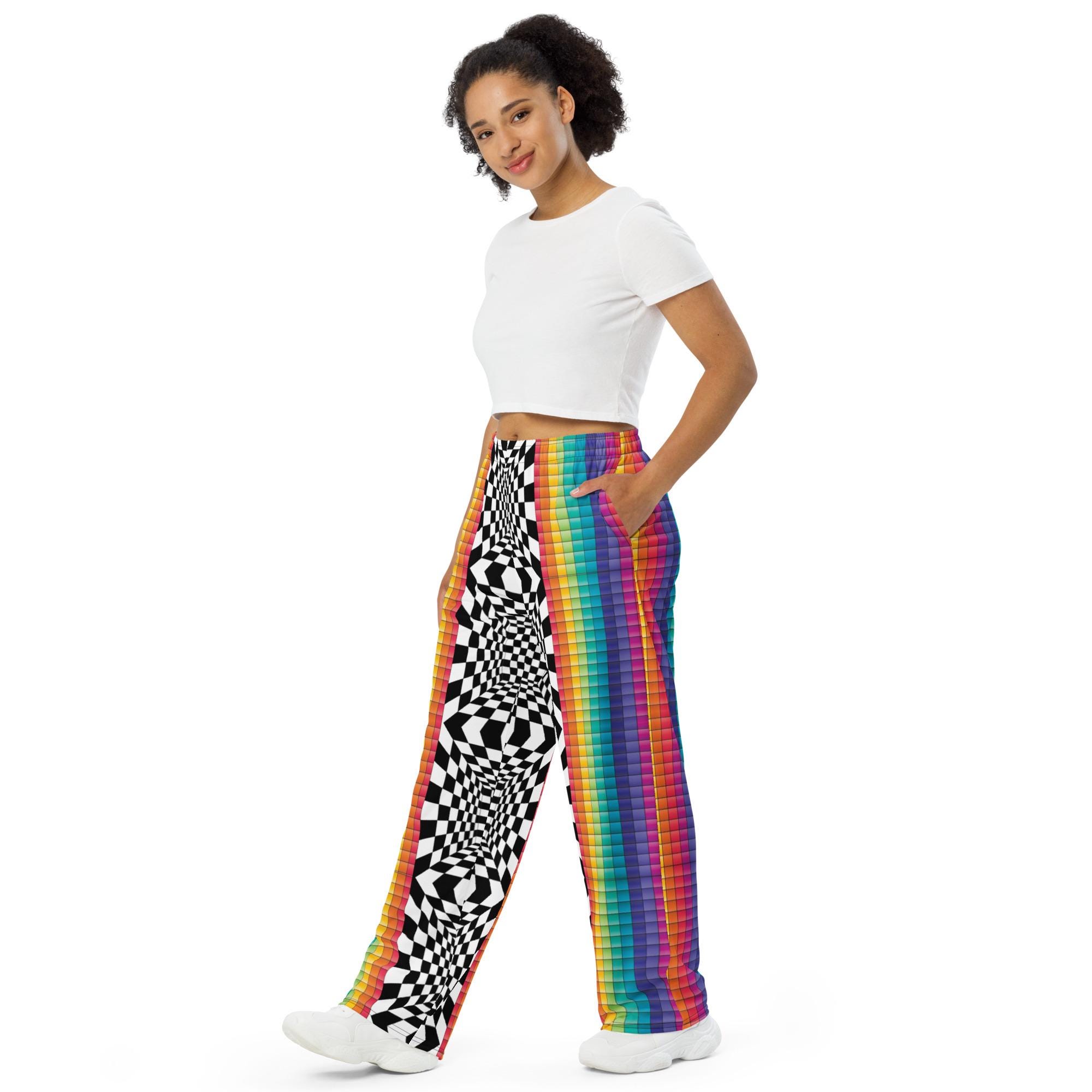 Rainbow Wide-leg Pants Checkered Trousers Mismatch Colorful Britches ...