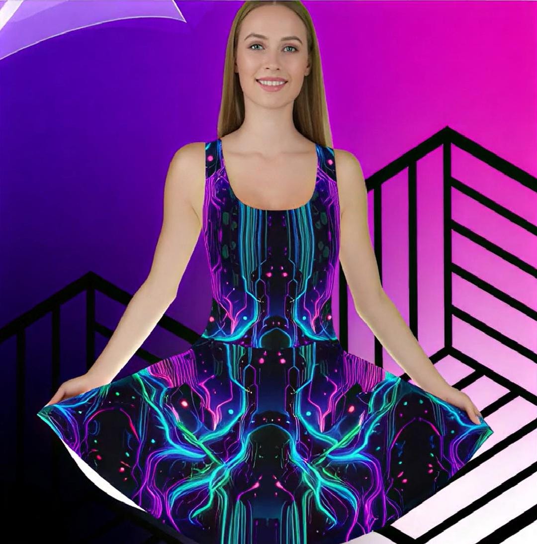 Techno Skater Dress Neon Skirt Cyberpunk Outfit Purple Unique Bold ...