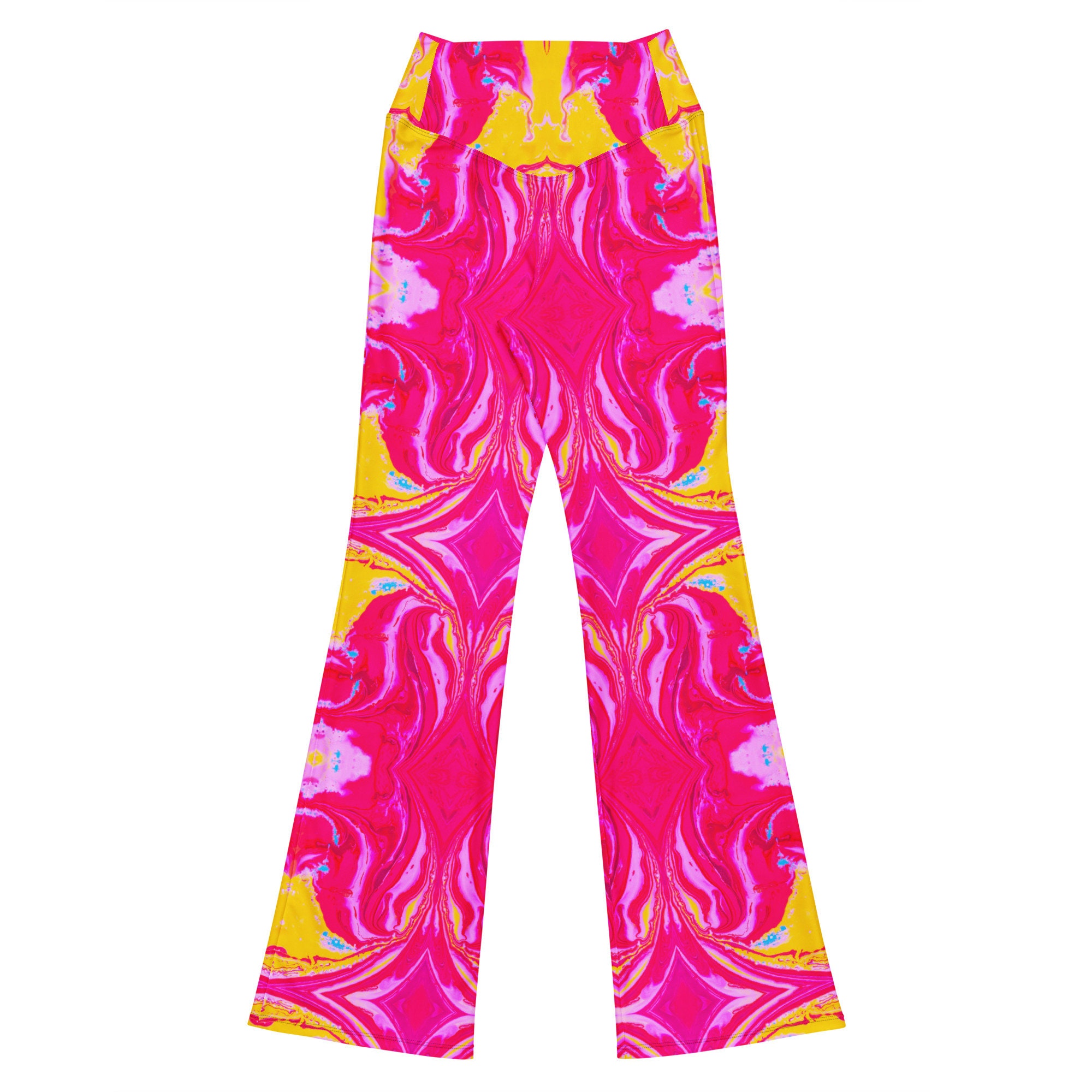Neon Pink Leggings Yoga Pants Flare Bell Bottoms Yellow Stretchy Wide ...