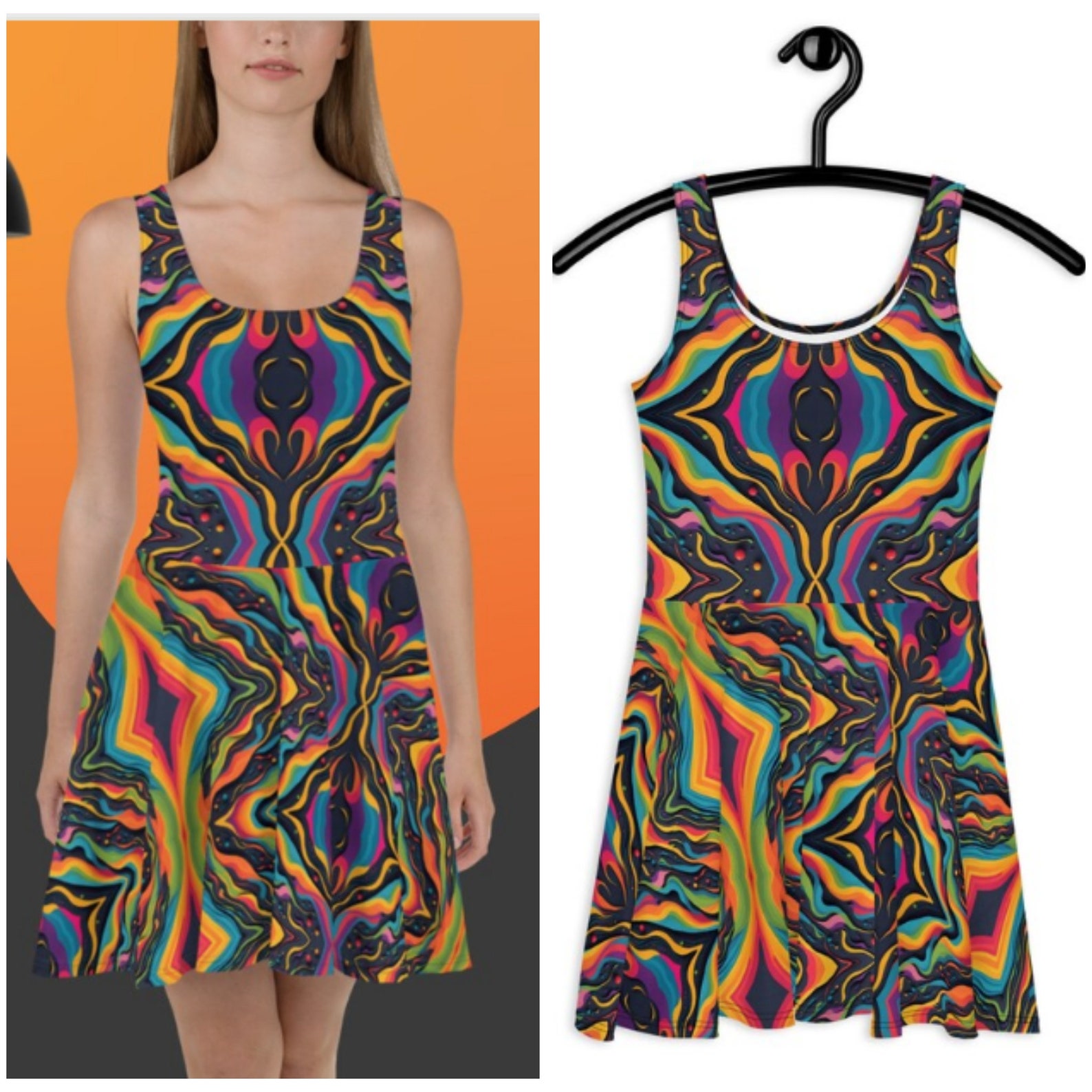 Trippy Skater Dress Psychedelic Mini Dresses Colorful Flare Skirt ...