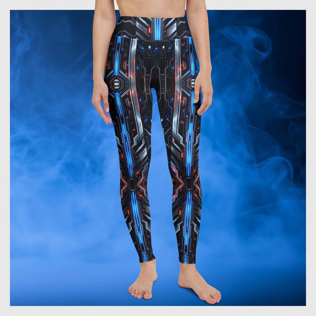 Techno Leggings Neon Silver Blue Yoga Pants Metallic Party Trousers ...