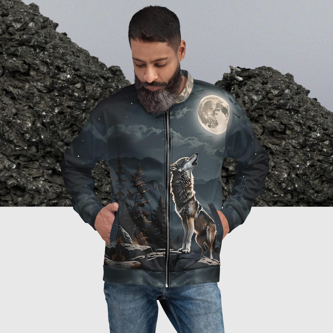 Men's Wolf Jacket Moon Howl Coat With Pockets Zip up Lightweight Unique ...