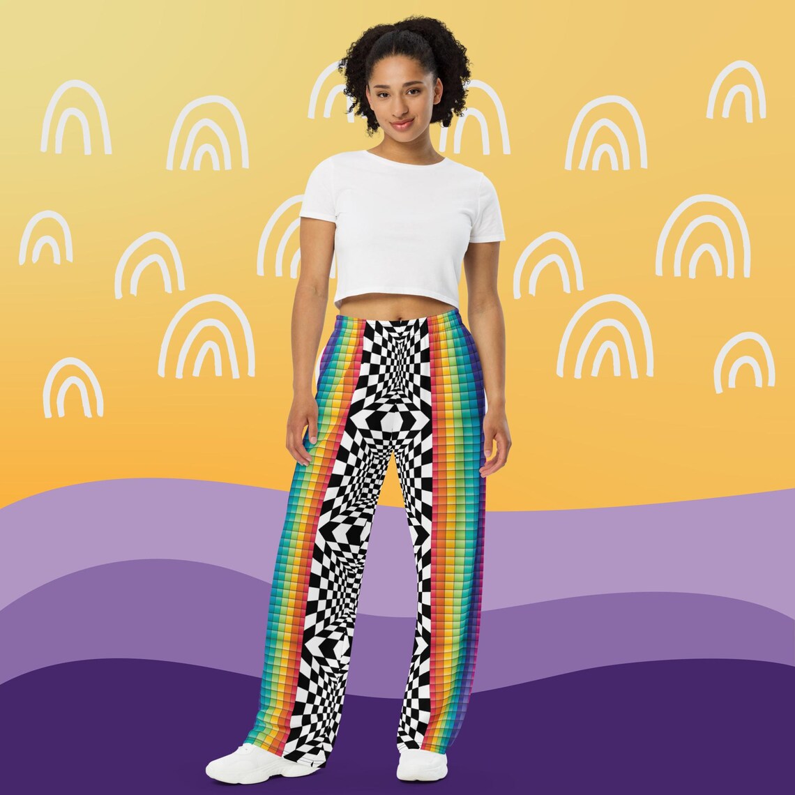 Rainbow Wide-leg Pants Checkered Trousers Mismatch Colorful Britches ...