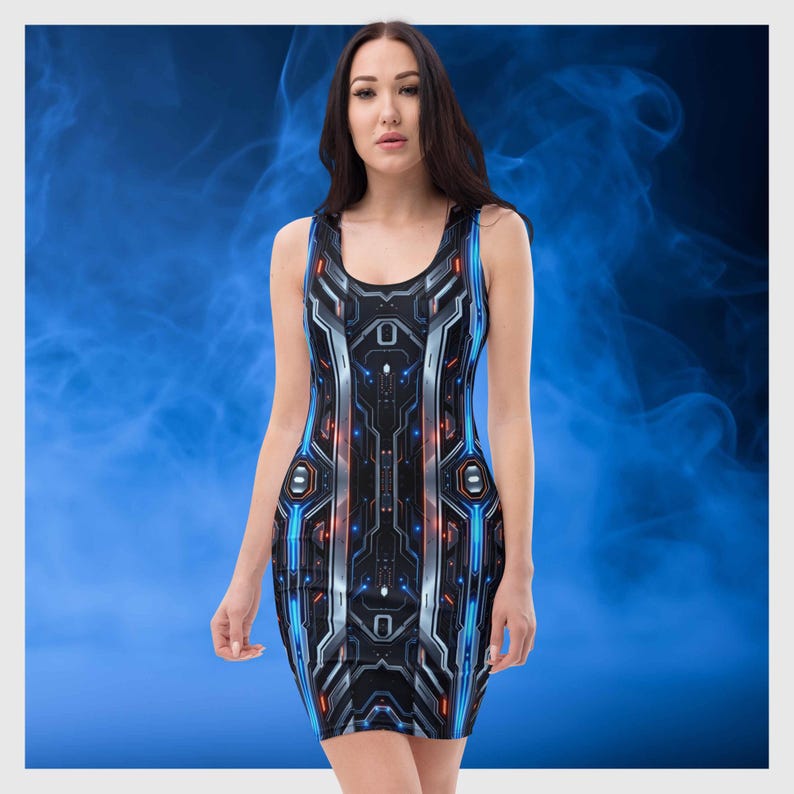 Metallic Tron Dress Silver Techno Bodycon Neon Blue Clubwear Bold ...