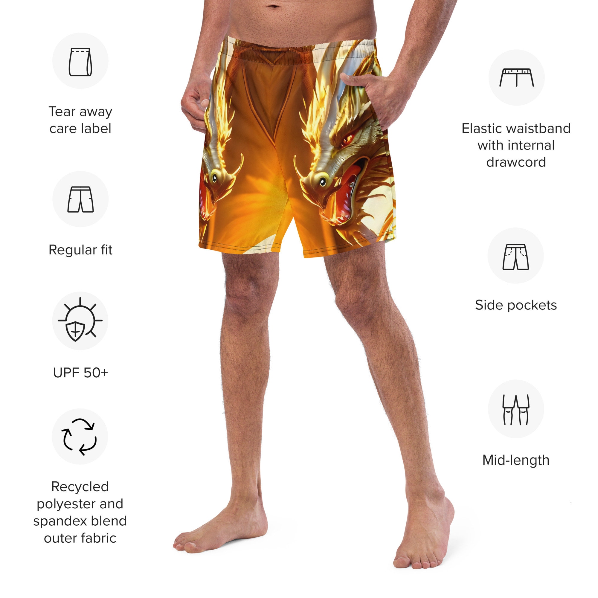 Men's Dragon Swim Trunks, Gold Design Swimming Shorts, Beach Shorts for ...