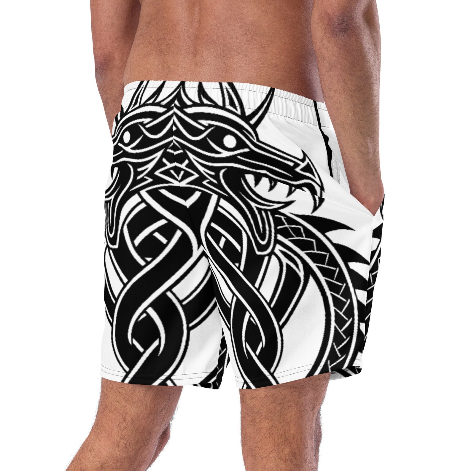 Dragon Swim Trunks Men's Beach Shorts Black White Mythical Fantasy ...