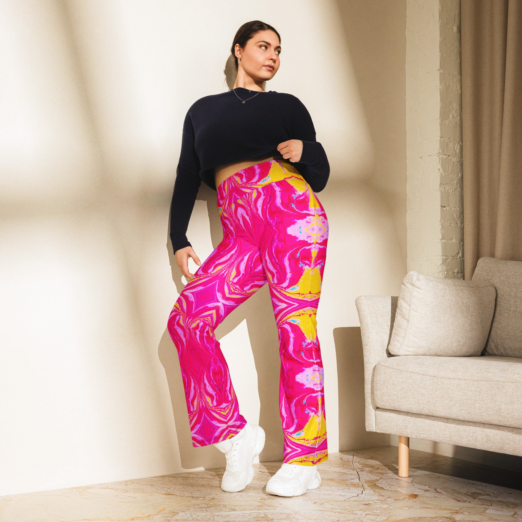 Neon Pink Leggings Yoga Pants Flare Bell Bottoms Yellow Stretchy Wide ...