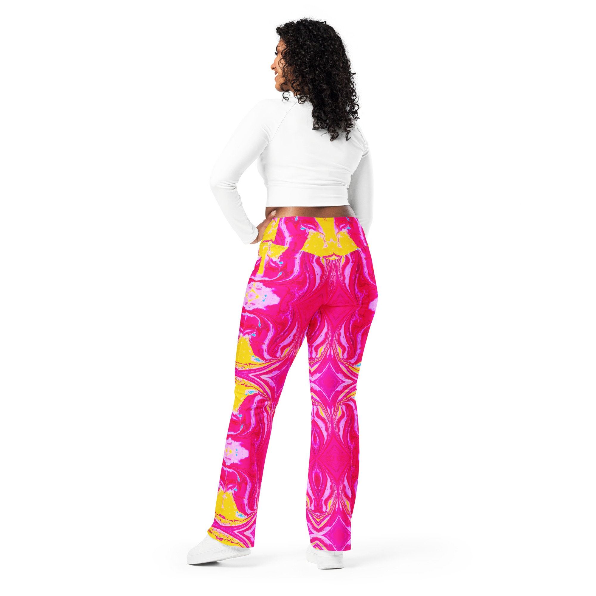 Neon Pink Leggings Yoga Pants Flare Bell Bottoms Yellow Stretchy Wide ...
