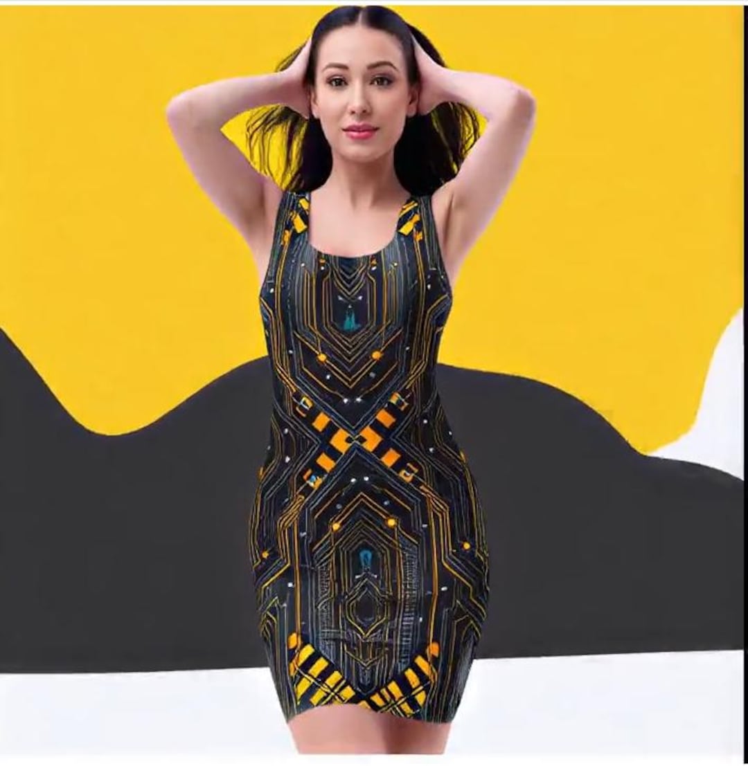 Techno Caution Dress Warning Cyberpunk Bodycon Women's Bold Unique ...