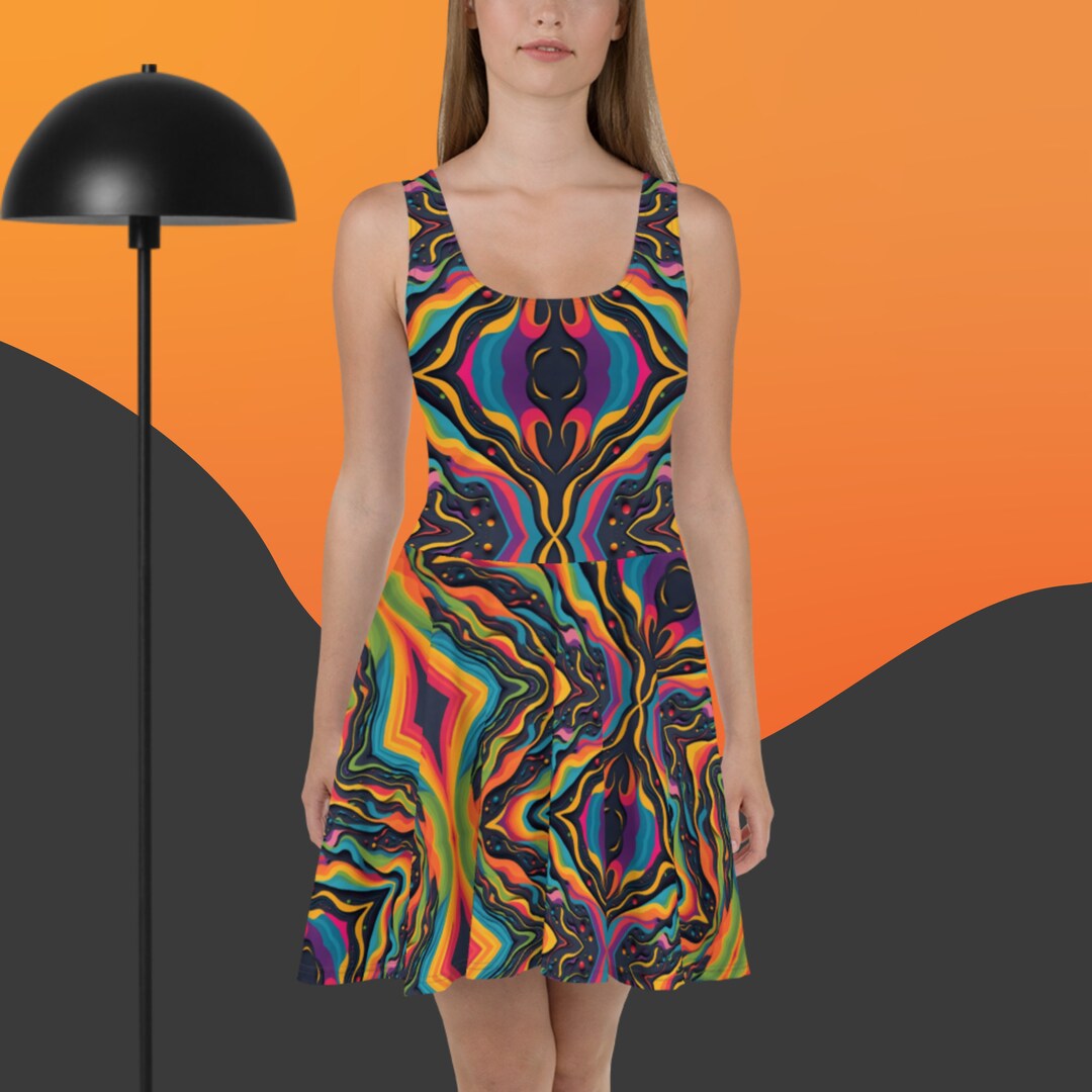 Trippy Skater Dress Psychedelic Mini Dresses Colorful Flare Skirt ...