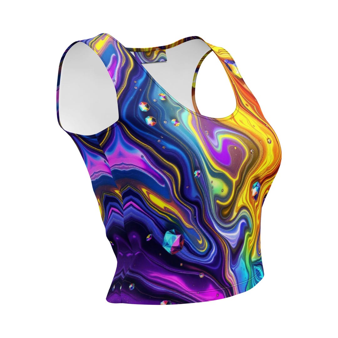 Purple Jewel Crop Top Marble Gem Shirt Colorful Diamond Midriff Blouse ...