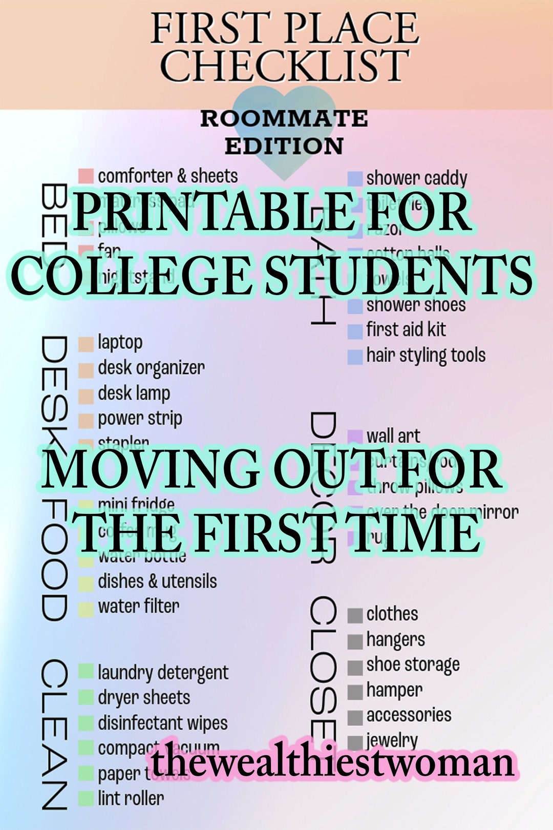 First Place Checklist Moving Out for the First Time College Student ...