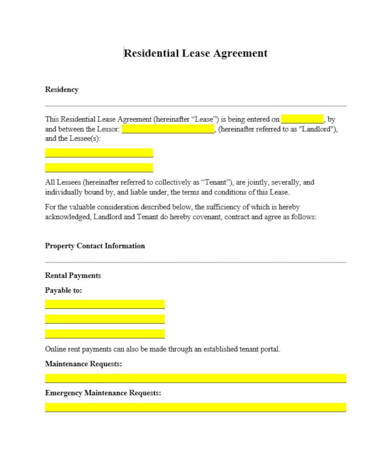 Residential Lease Template - Etsy