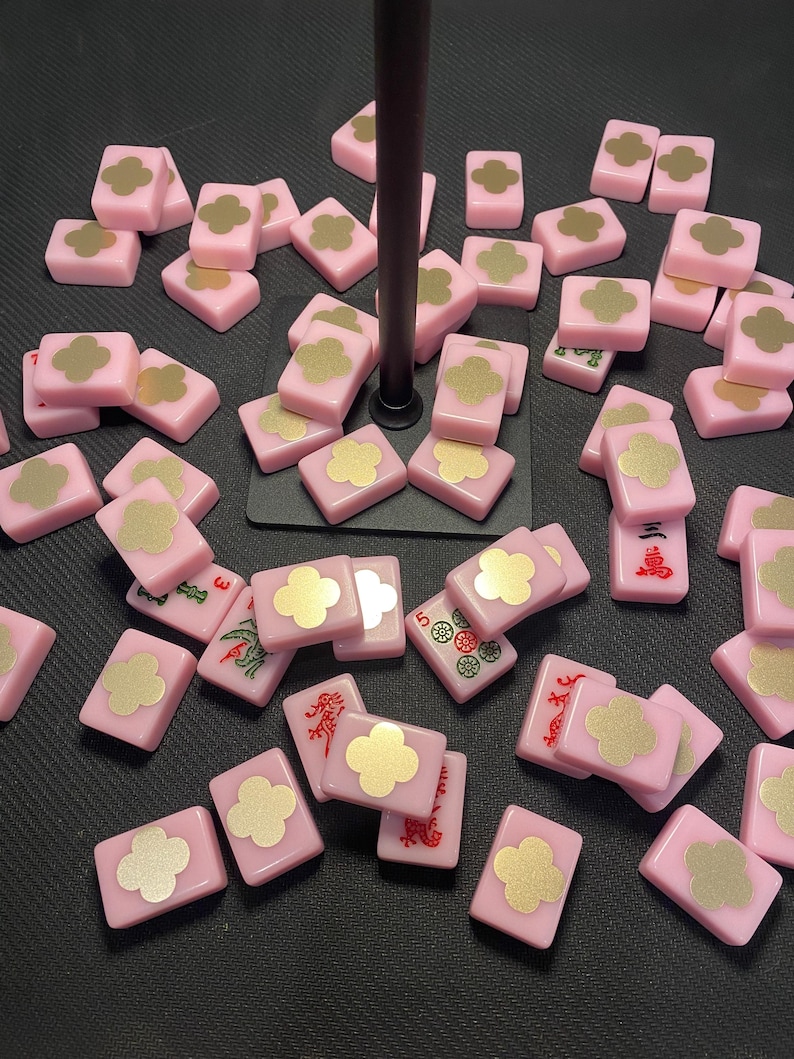 Pink Tile With Gold Clover Mahjong Set of 158 Tiles With UV Resin Seal ...