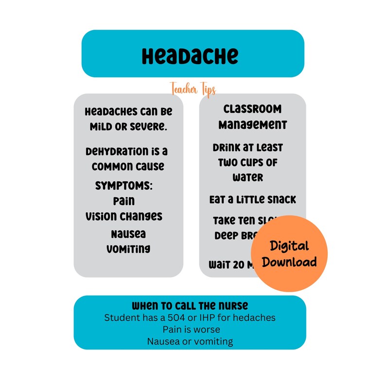 Teacher Tip Sheets: the Big Three. Headache, Stomach Ache and Sore ...