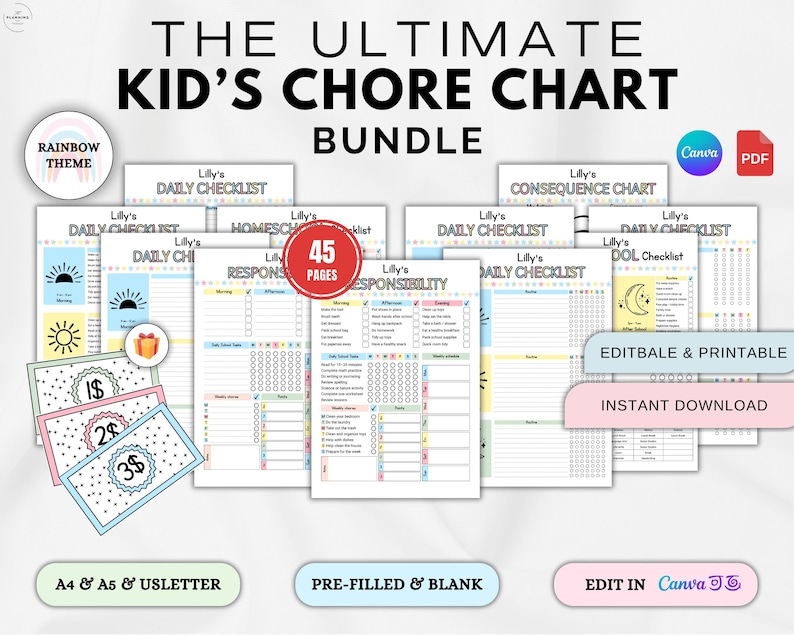 Editable Kids Chore Chart Bundle, Editable Responsibility Chart, Kids ...