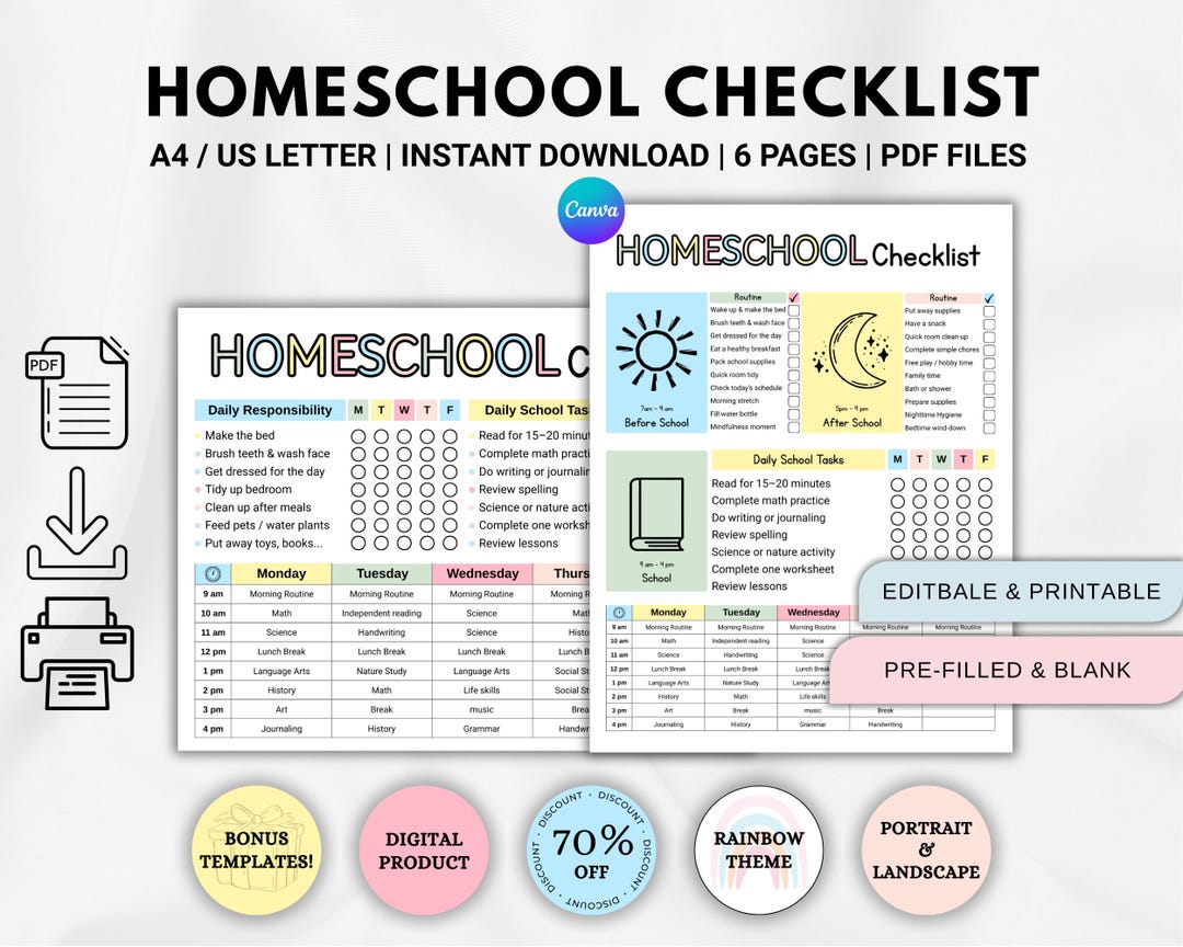 Editable Kids Homeschool Checklist, Homeschooling Planner, Schoolday ...