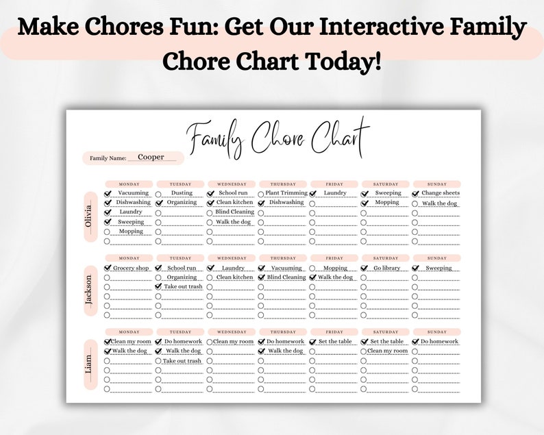 Printable Family Chore Chart, Weekly Family Chore Chart, Family ...