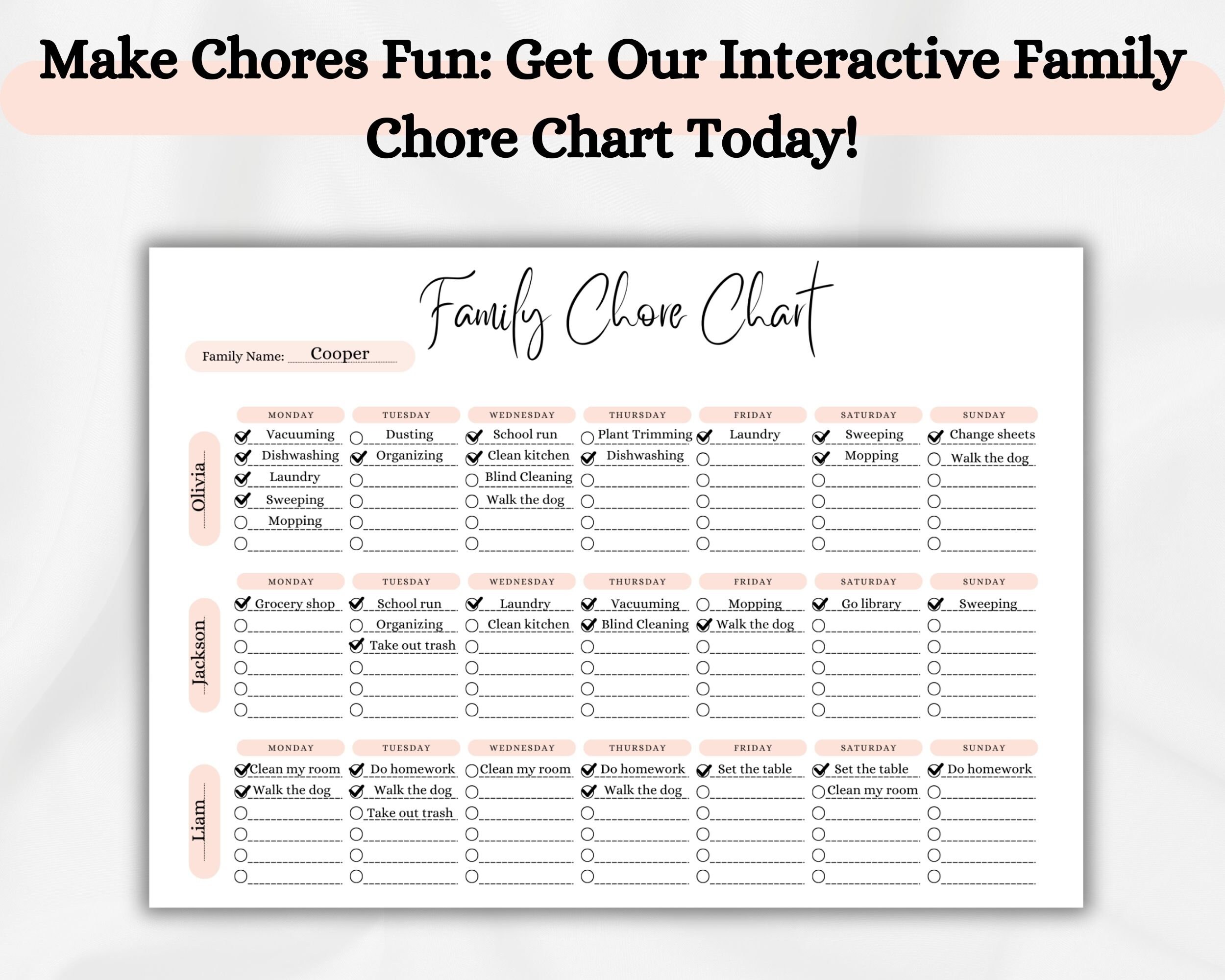 Printable Family Chore Chart, Weekly Family Chore Chart, Family ...