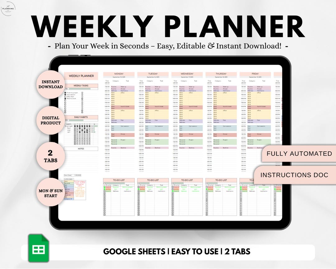 Google Sheets Weekly Planner Spreadsheet, ADHD Weekly Planner, Daily ...