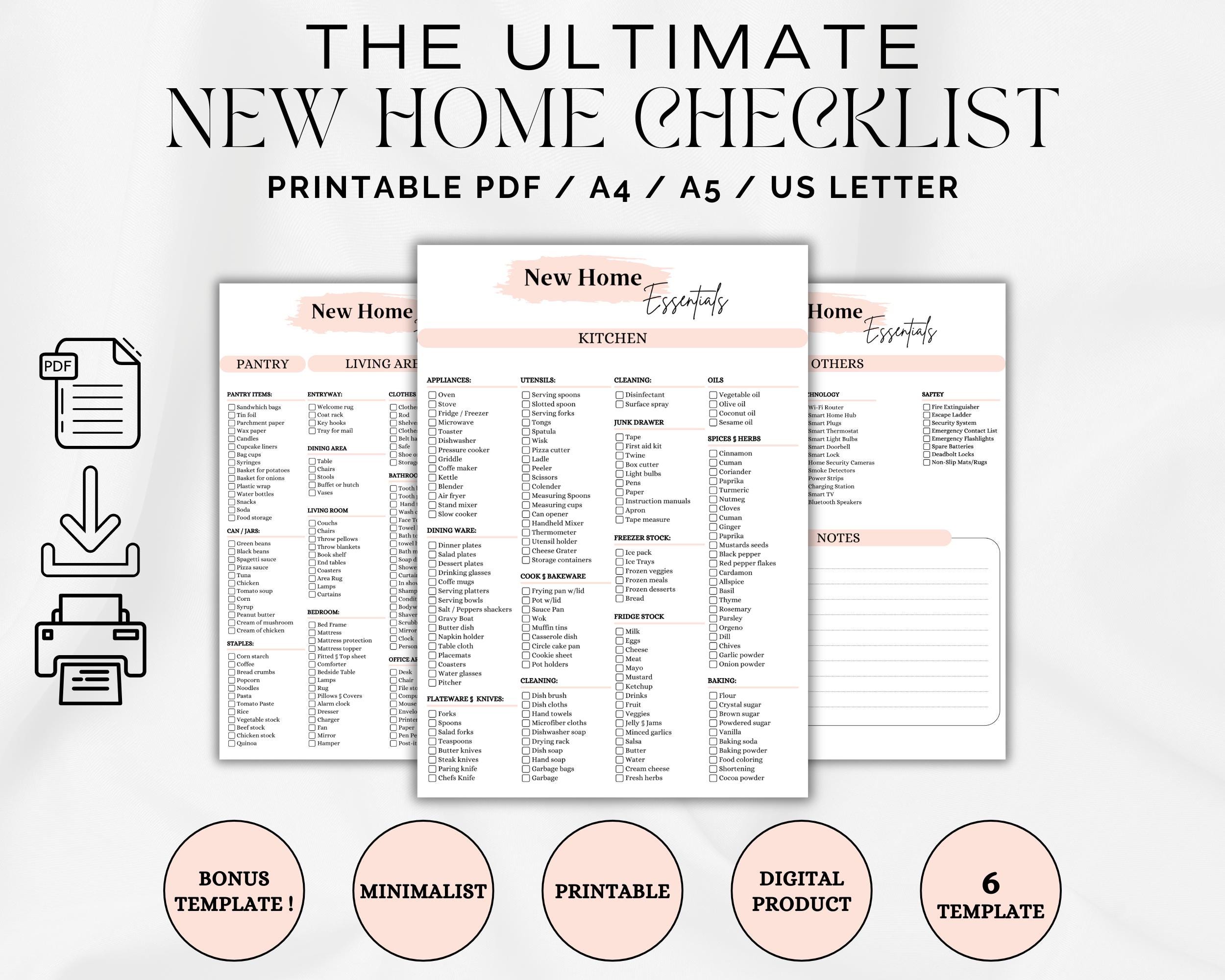 New Home Essentials Checklist, New Home Checklist Printable, First ...