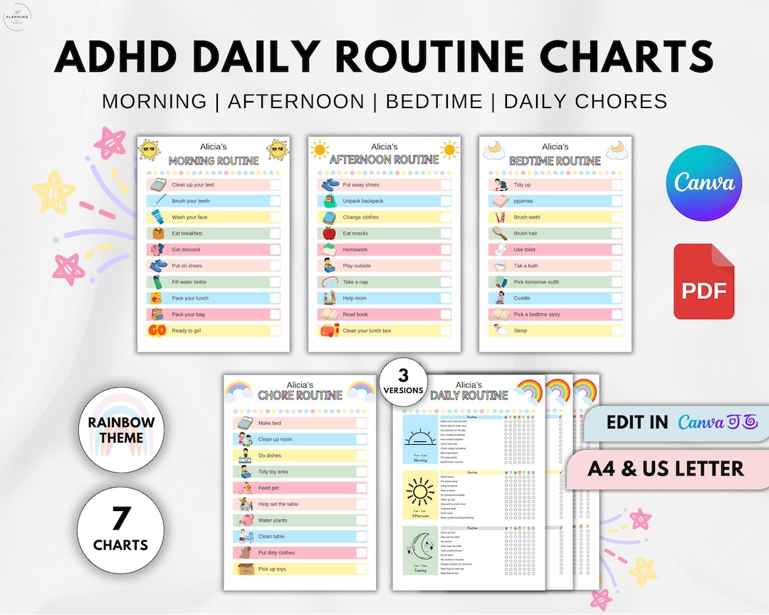 ADHD Kids Daily Routine Chart, Printable Routine Checklist, Morning ...