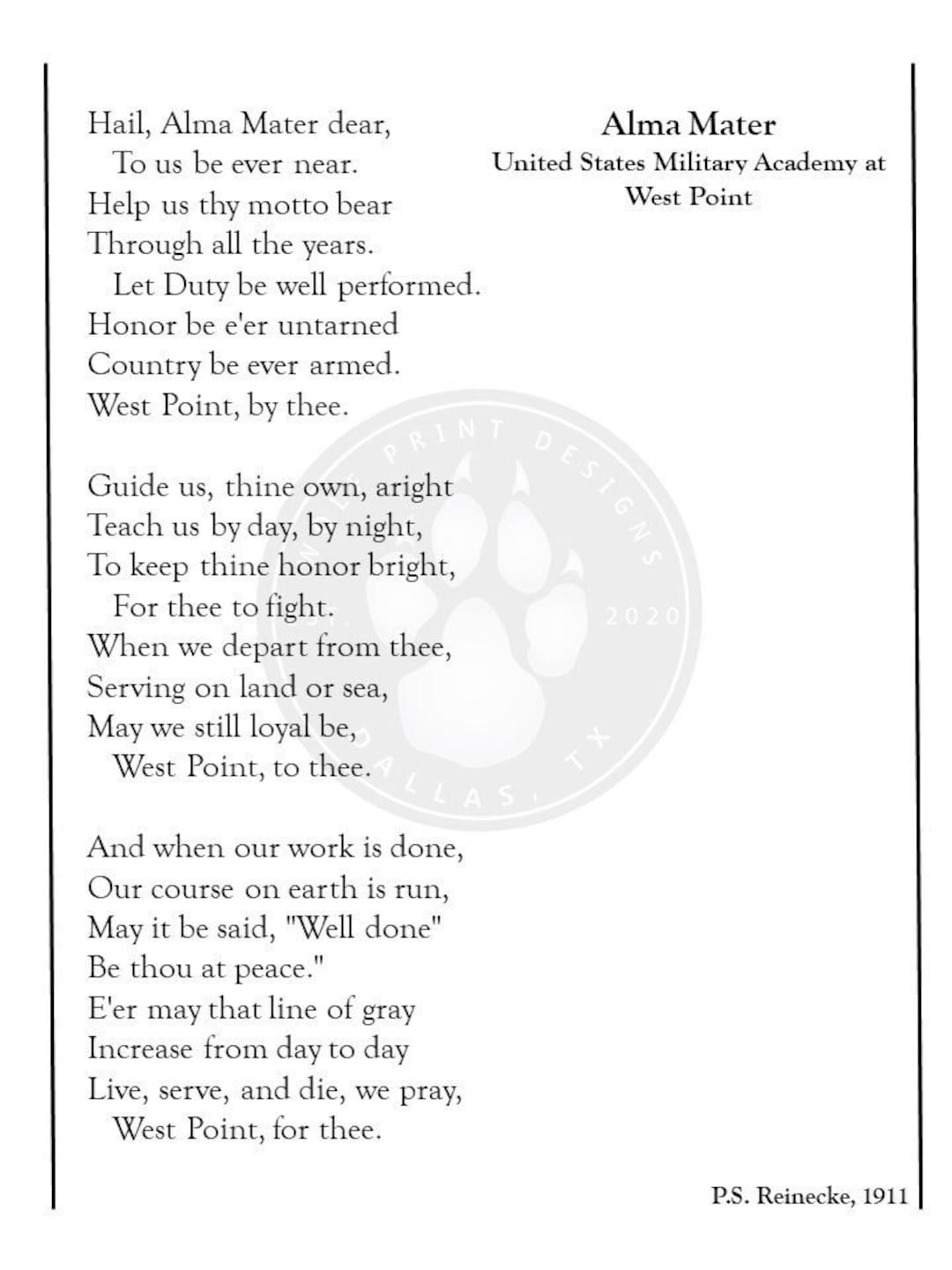West Point Alma Mater Printable PDF Format Military Poem - Etsy