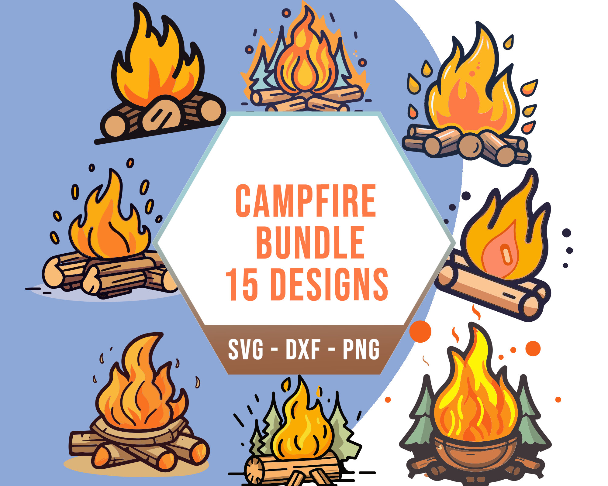 Cute Camping Campfire SVG PNG Bundle, Yellow Camp Fire SVG Pack, Cricut ...