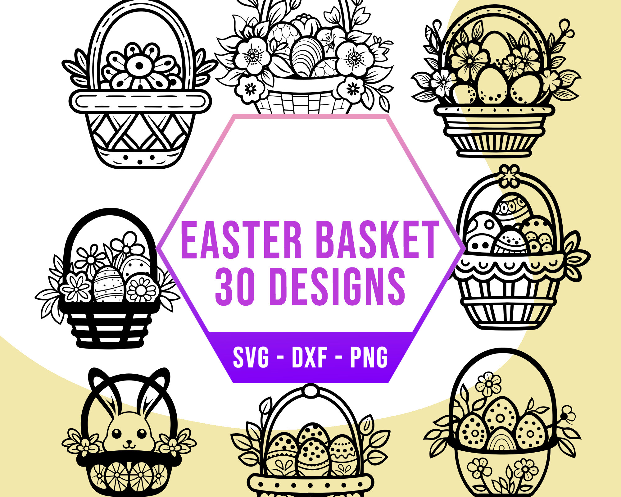 Easter Basket SVG PNG Bundle, Cute Twig Bunny and Eggs Basket SVG Pack ...