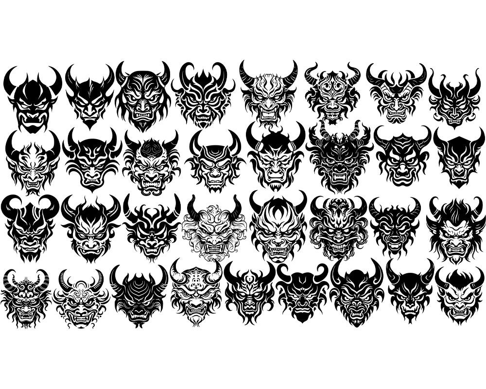Japanese Oni Mask SVG PNG Bundle, Asian Ogre Demon Face SVG Pack ...