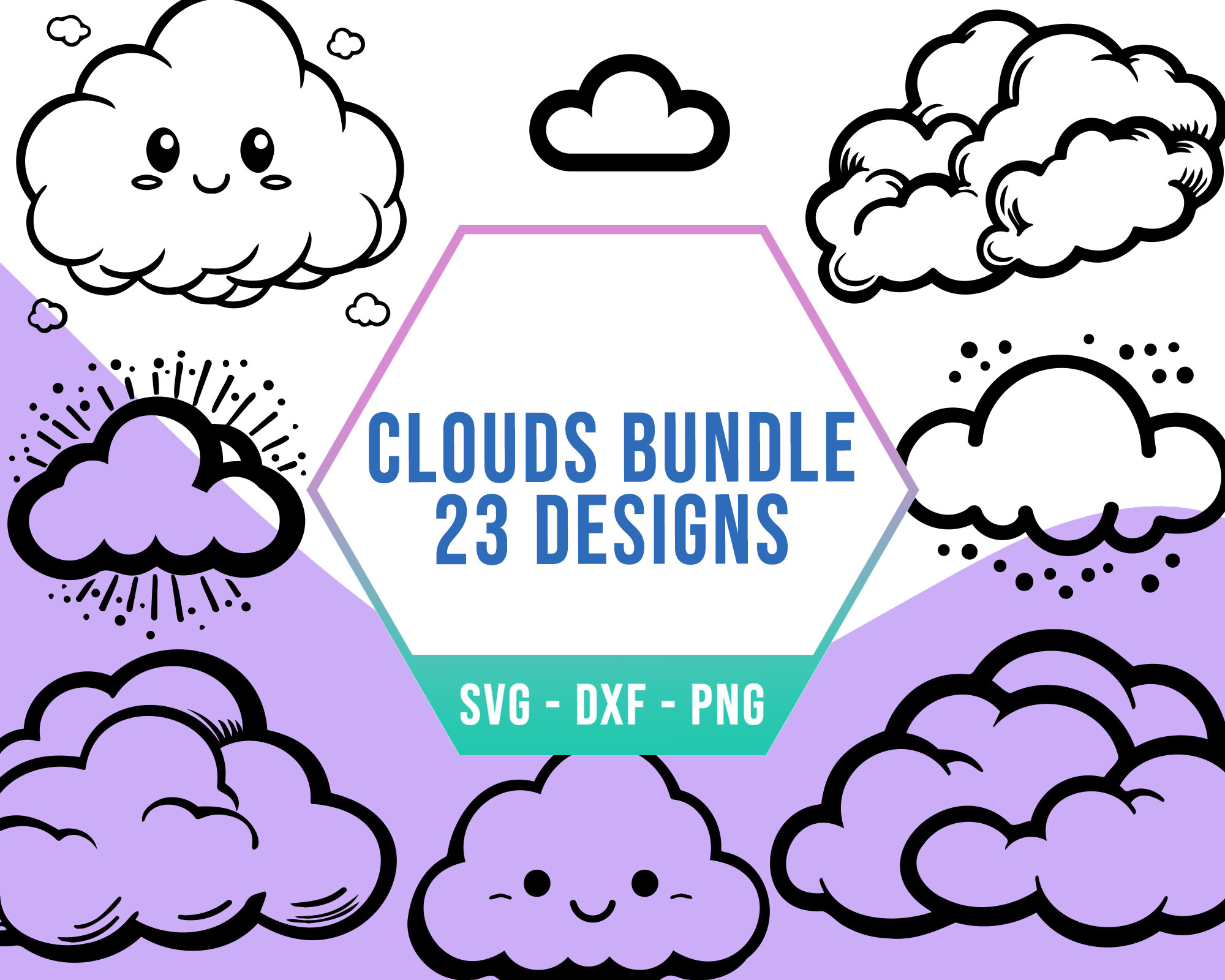 Weather Cartoon Cloud SVG PNG Bundle, Sky Nature Puffy Clouds SVG Pack ...