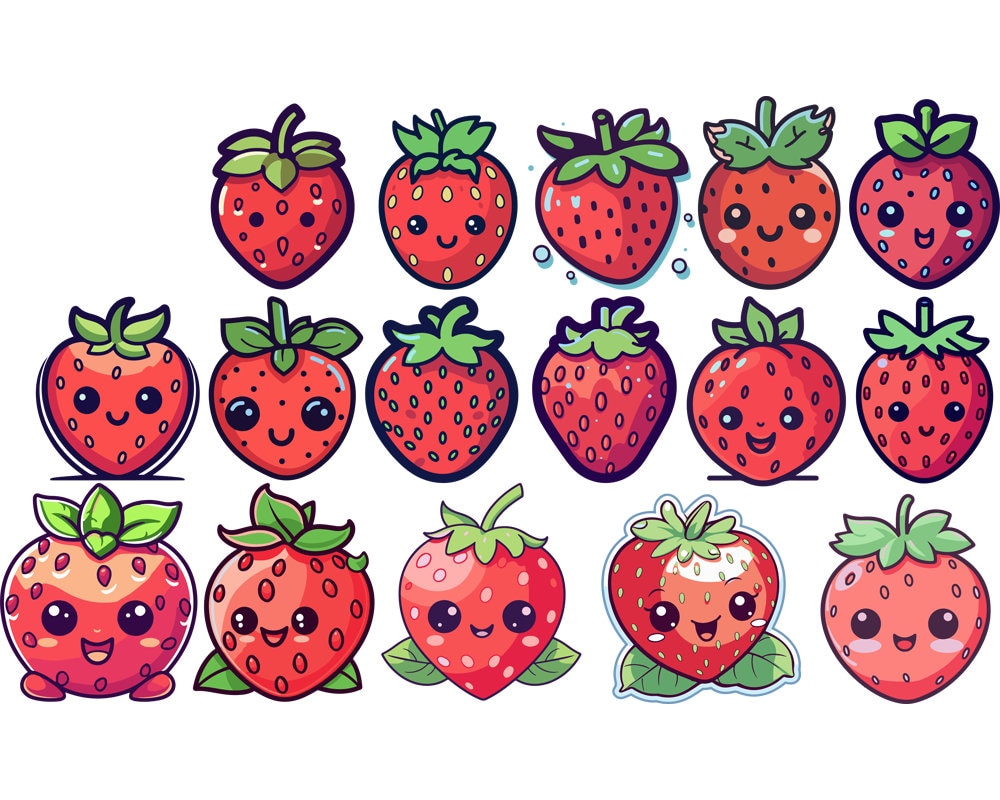 Cute Strawberry SVG PNG Bundle, Kawaii Fruit SVG Pack, Cricut Clipart ...