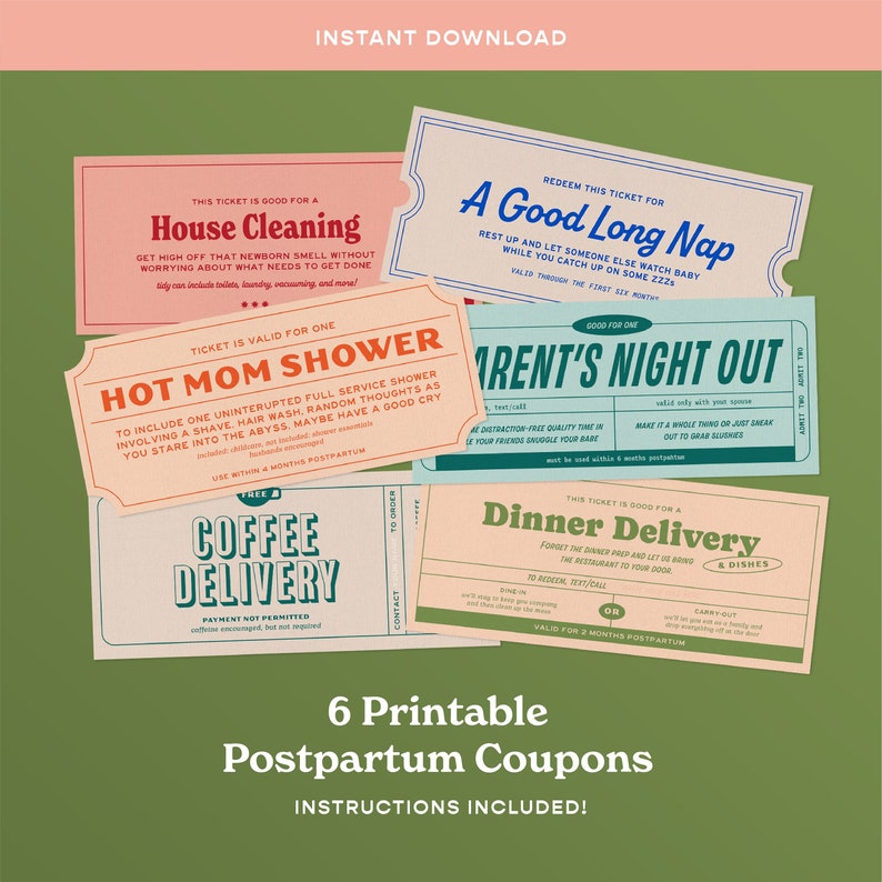 Postpartum Favor Coupons - Perfect Gift! / 8.5x11" Instant Download ...
