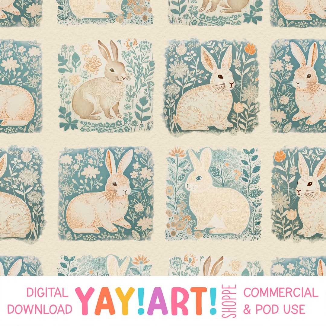 Teal Bunny Print Seamless Pattern, Cute Spring Bunny Pattern, Faux ...
