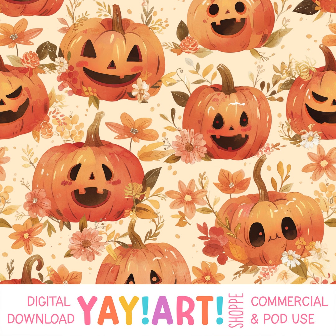 Cute Jack-o'-lantern and Flowers Seamless Pattern, Creepy Cute ...
