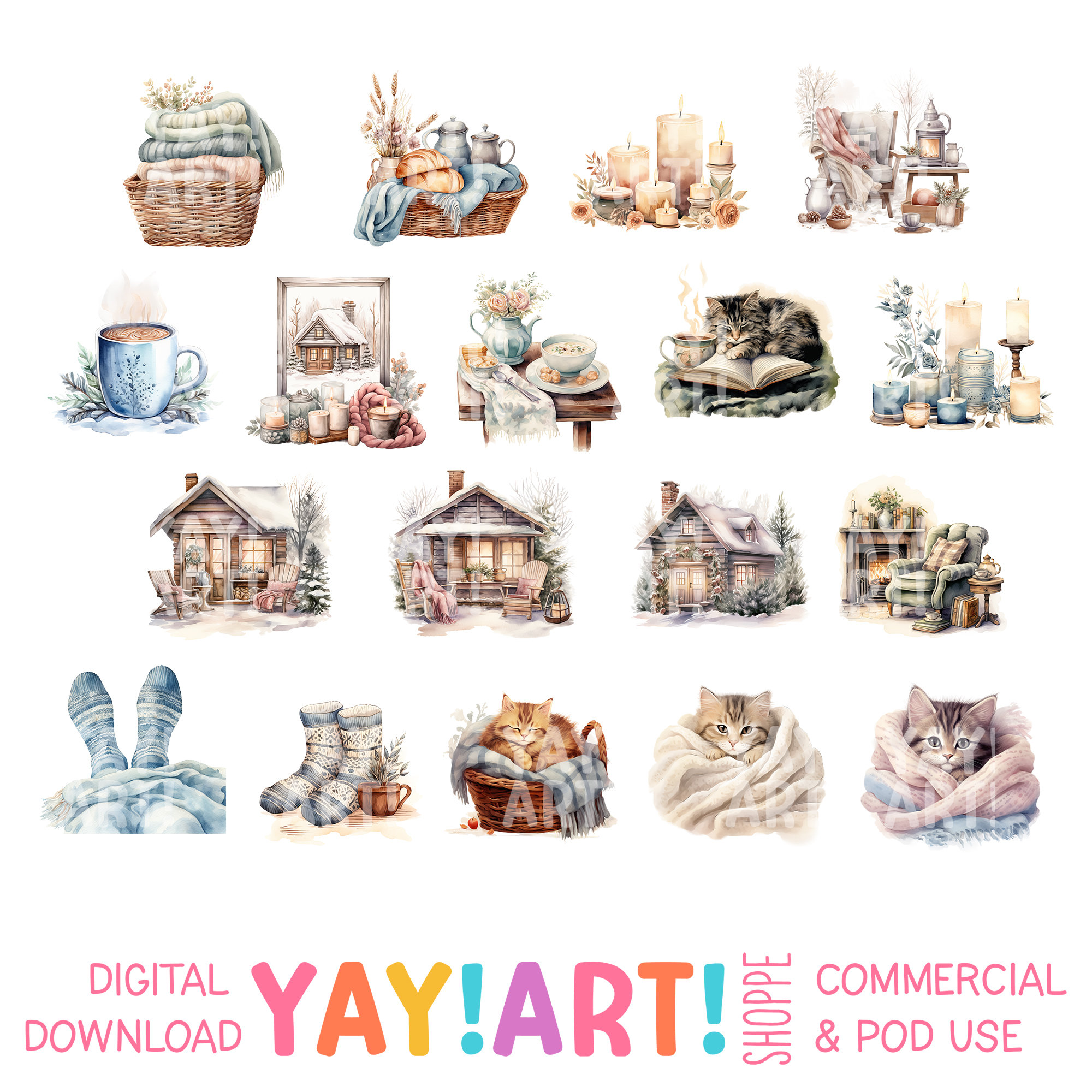 Winter Hygge Watercolor Clipart Bundle Set, Cozy Winter Comfort ...