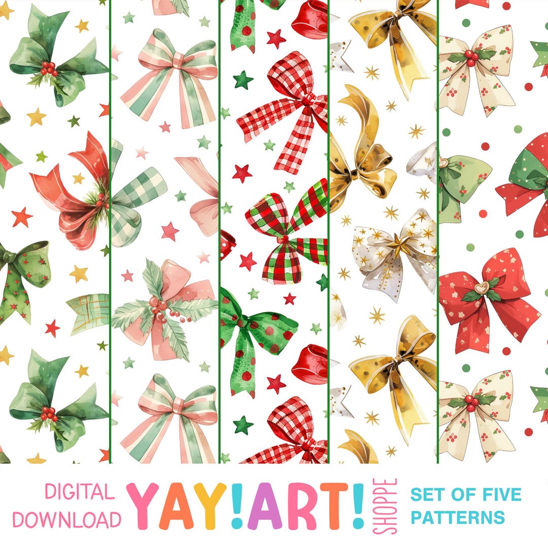 Bundle of Five Christmas Bow Seamless Patterns, Holiday Ribbons Repeat ...